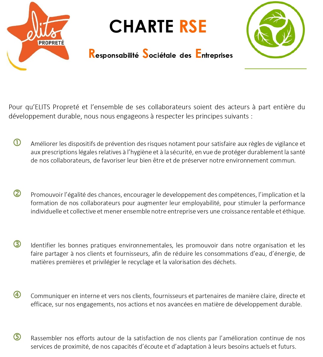 Notre charte RSE - Elits Proprete